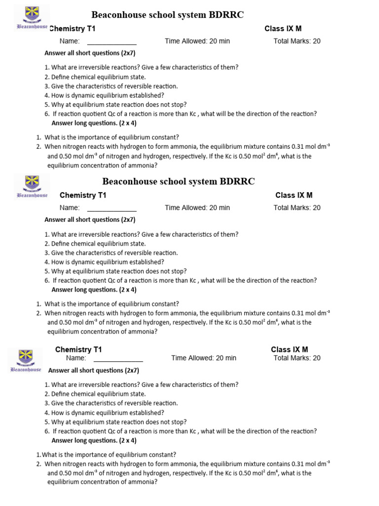 Class IX Chemistry Exam Prep | PDF | Chemical Equilibrium | Chemical ...
