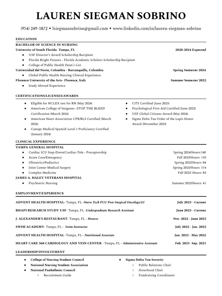 Resume - Lauren Siegman Sobrino | PDF | Nursing | Hospital