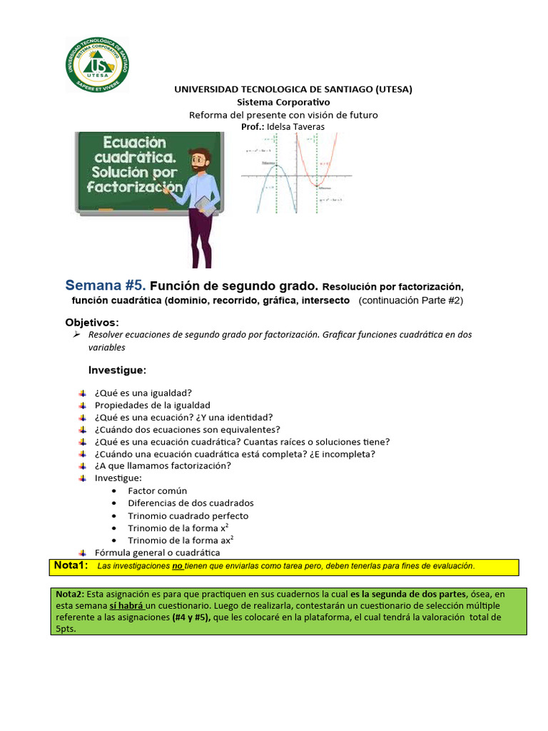 Asignacion #5, Funcion Cuadratica (Parte #2) | PDF | Ecuaciones | Factorización