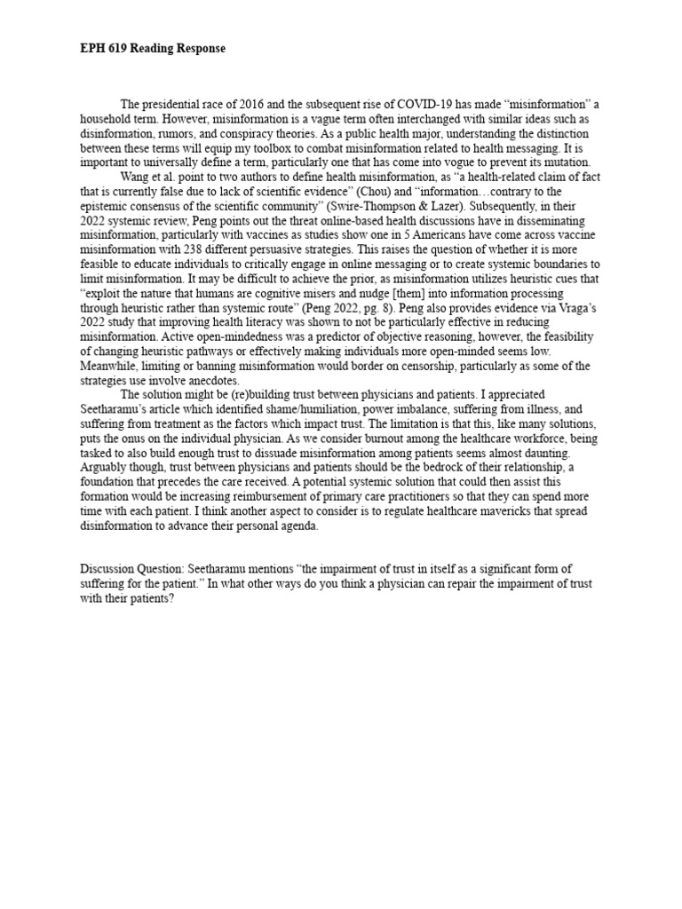 Public Health Reading Response | PDF | Health Care | Patient