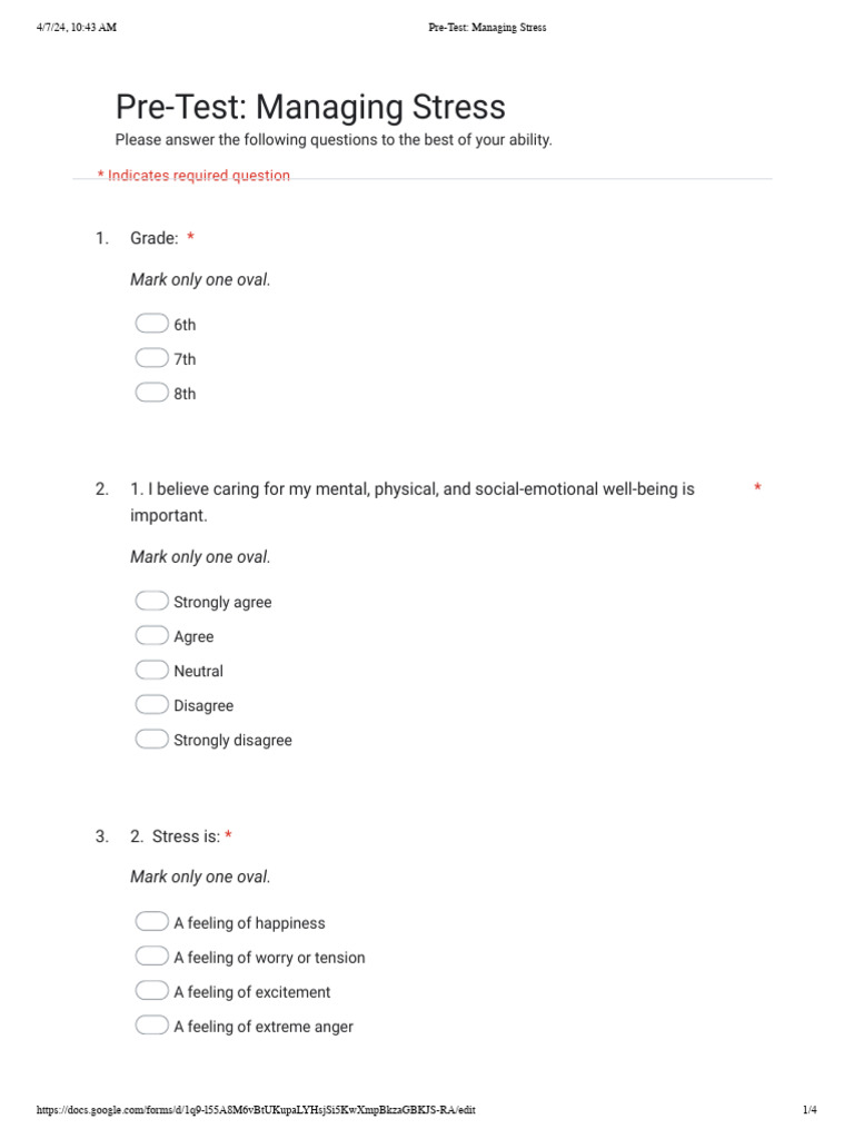 Pre-Test Managing Stress - Google Forms | Download Free PDF | Stress ...