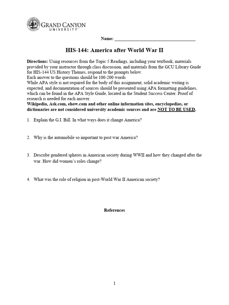 HIS 144 RS America After WWII Worksheet | PDF | Social Science | History
