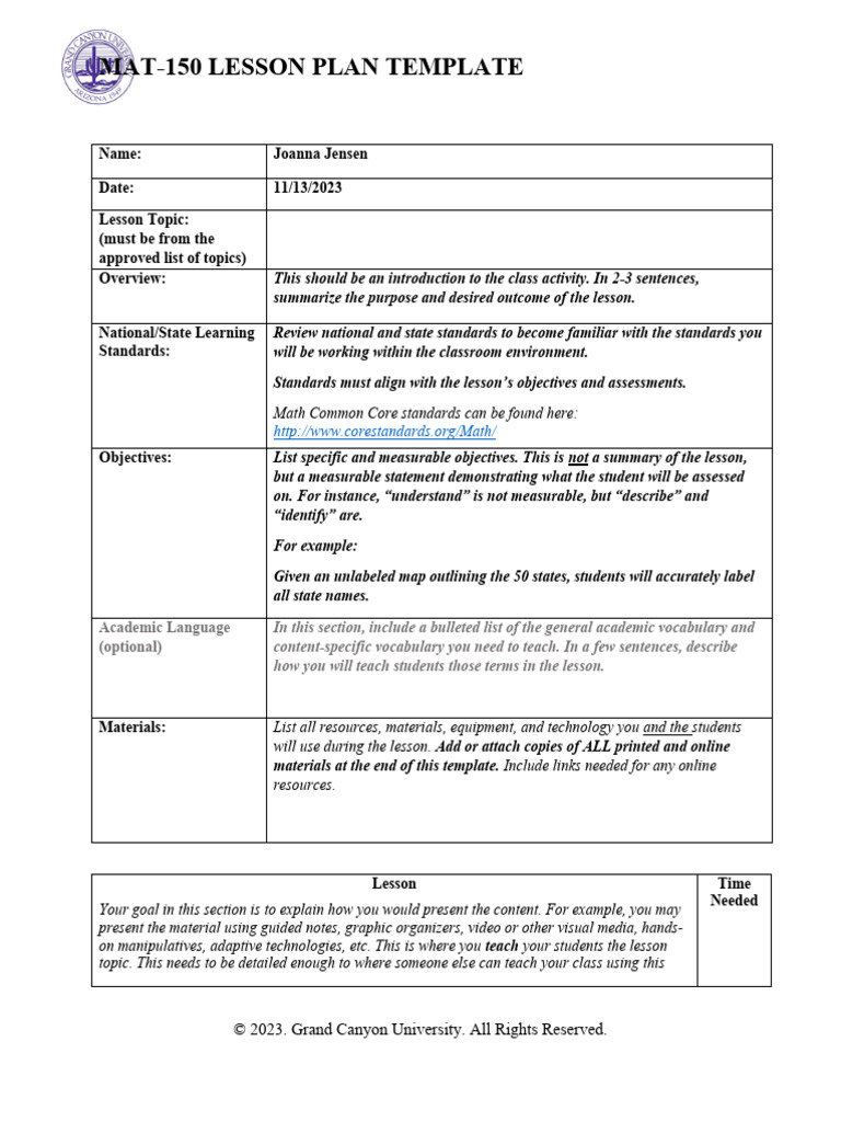 MAT-150 Lesson Plan Template | PDF | Lesson Plan | Educational Assessment