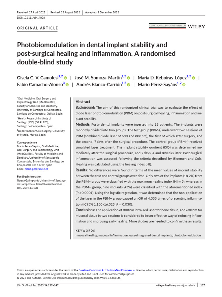2023 Photobiomodulation in Dental Implant Stability and Post-Surgical Healing and Inflammation ...