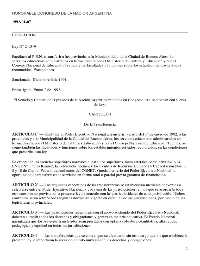L. Ley #24.049. Transferencias de Escuelas. 1991 | PDF | Ejecutivo ...