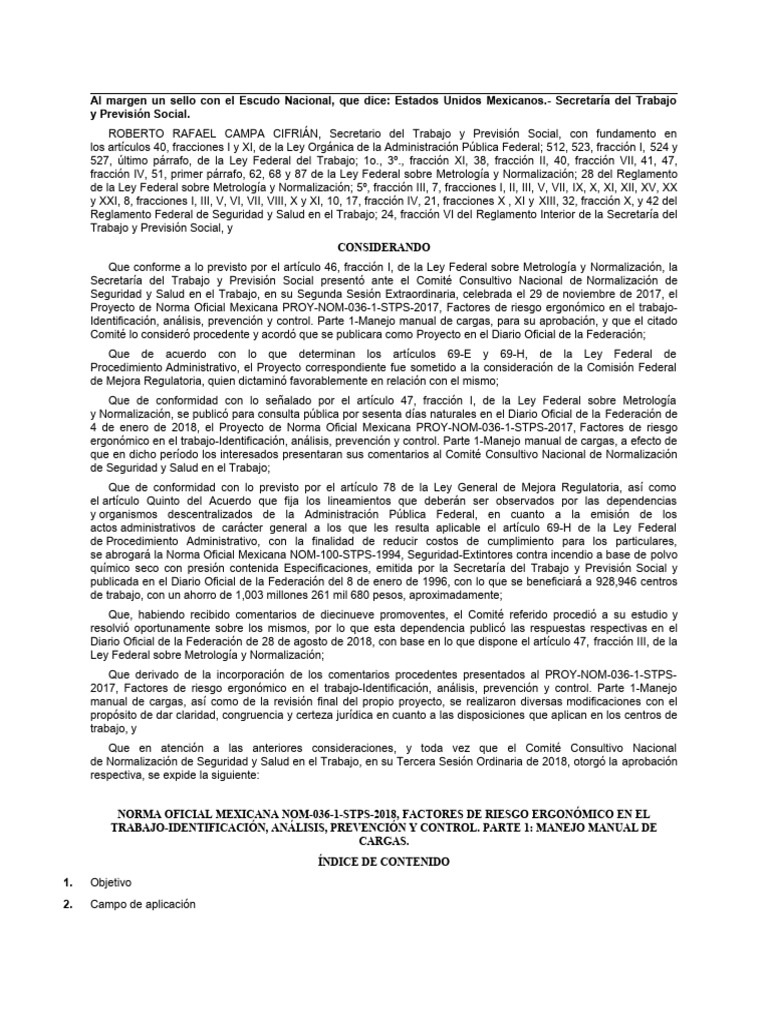 Nom 036-01 STPS Ergonomia | PDF | Factores humanos y ergonomía