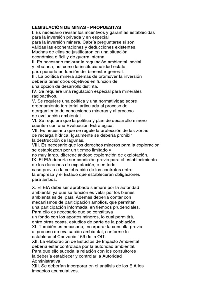 Legislación de Minas - Propuestas | PDF | Evaluación de impacto ambiental | Minería
