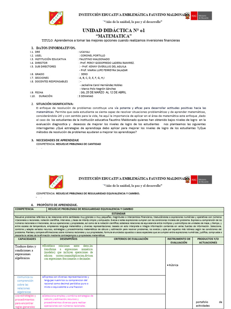 uniadad de aprendizaje 1 matematica 3ero | PDF | Ecuaciones | Números
