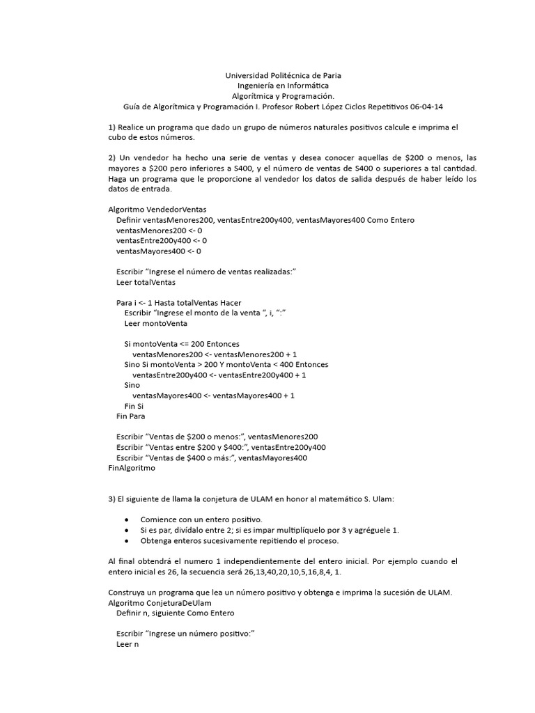Guía de Programación 1 | PDF | Algoritmos | Multiplicación