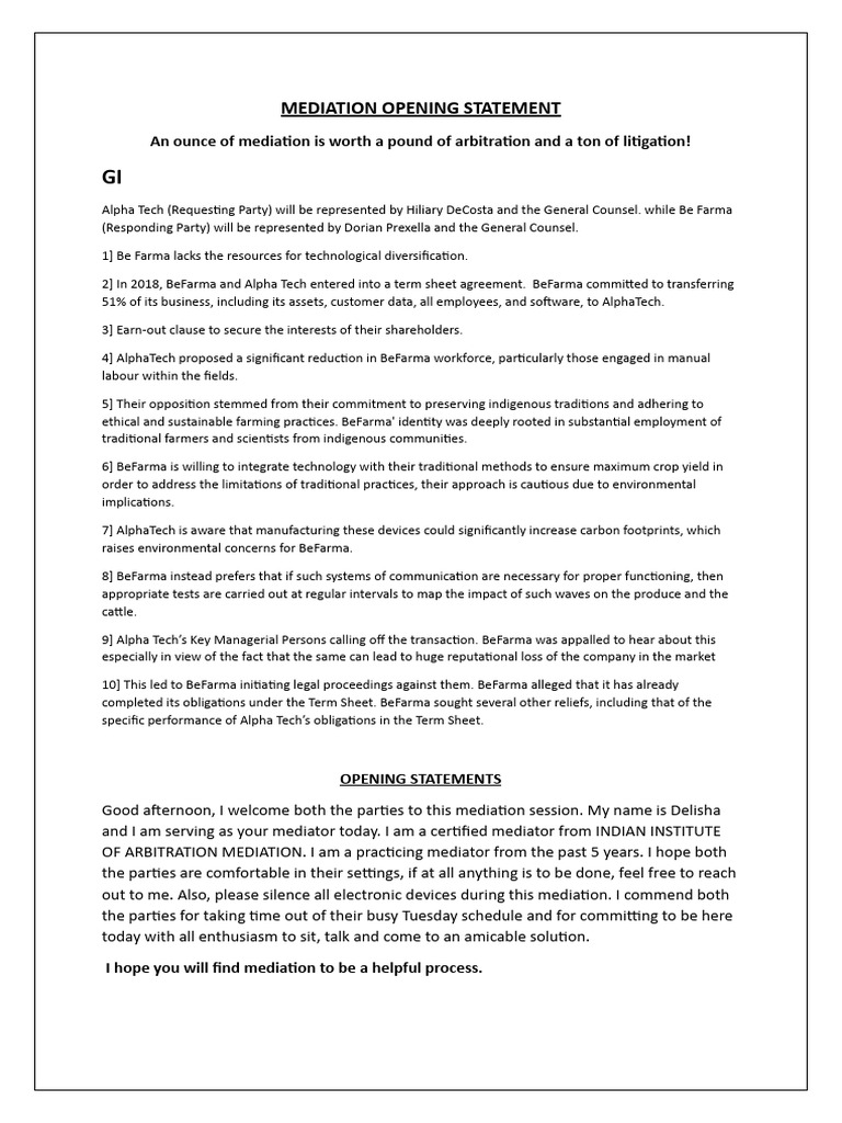Mediation Opening Statement | PDF | Mediation | Non Disclosure Agreement