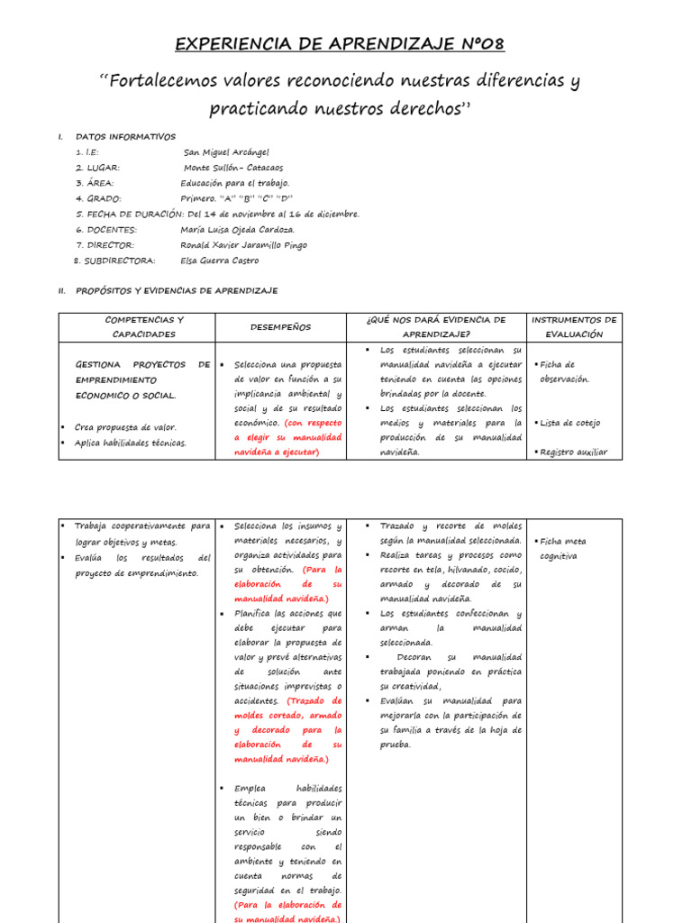 Experiencia de Aprendizaje Nº08 Del 14 de Noviembre Al 16 de Diciembre. Primero | PDF ...