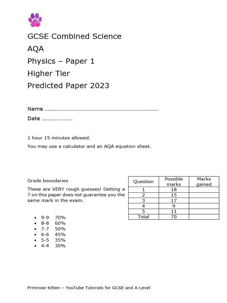 AQA - GCSE Combined Science - Higher - Physics - Paper 1 - 2023 Predictions | Download Free PDF ...