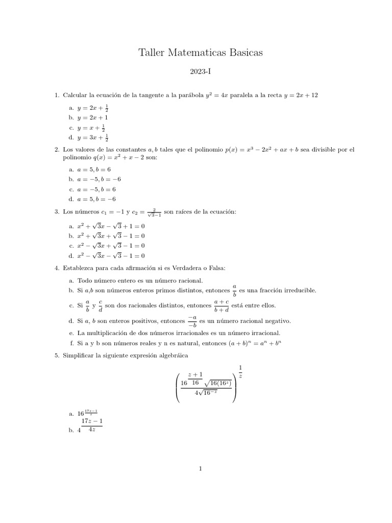Taller Matematicas Basicas | PDF | Raíz cuadrada | Entero