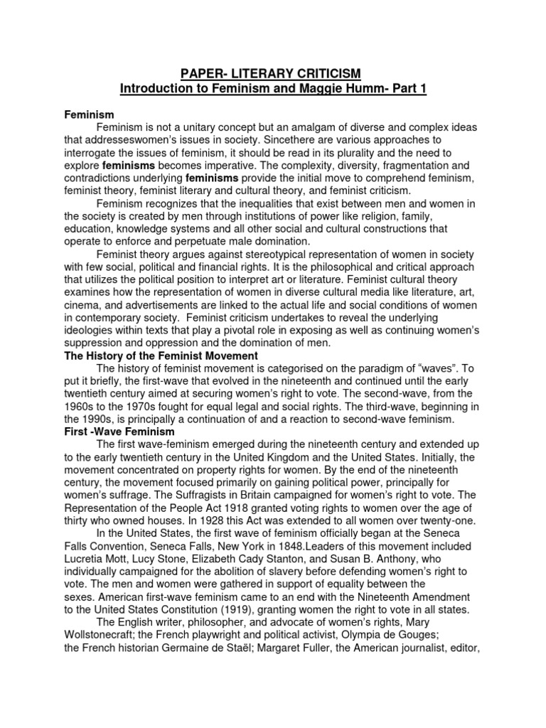 Paper-Literary Criticism Introduction To Feminism and Maggie Humm ...