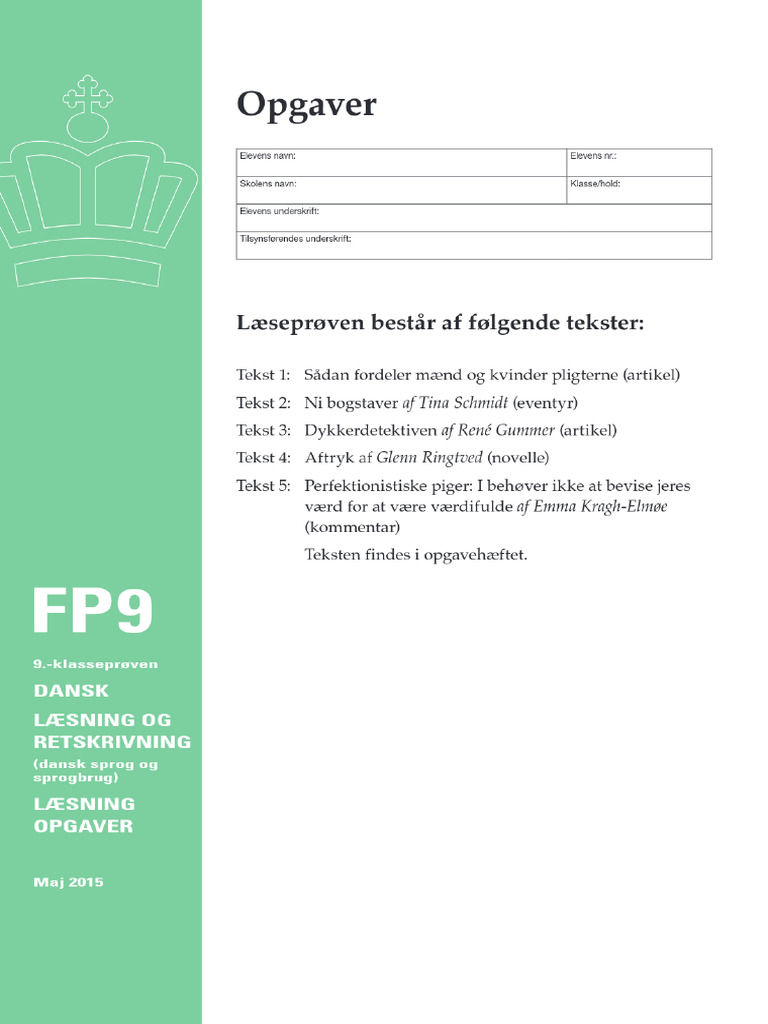 FP9. Opgaver. Læseprøven Består Af Følgende Tekster - PDF | PDF