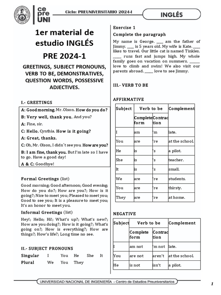 1º Material de Inglés PRE 2024-1 | PDF | Grammatical Number | Plural