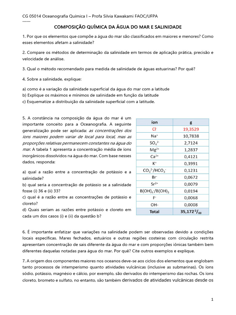 Composição Química e Salinidade da Água do Mar | PDF | Água do mar ...
