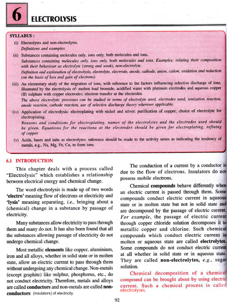 Selina Class 10 Chemistry Chapter 6 Electrolysis | PDF