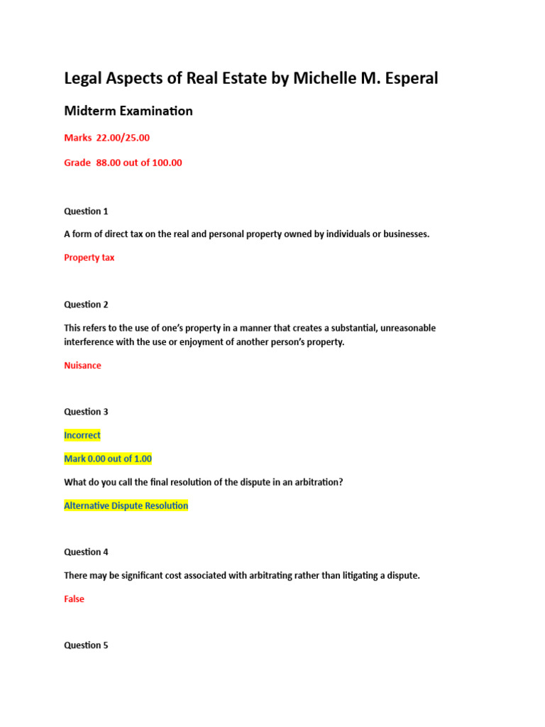 Legal Aspects of Real Estate Midterm Exam | PDF | Alternative Dispute ... Legal Aspects of Real Estate Midterm Exam | PDF | Alternative Dispute ...