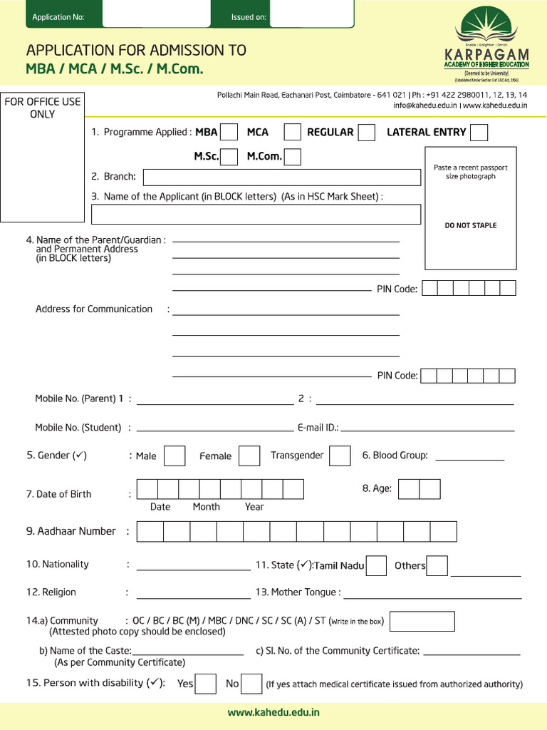 Application Form For Postgraduate Programme - Mba. Mca. M.SC - M.com ...
