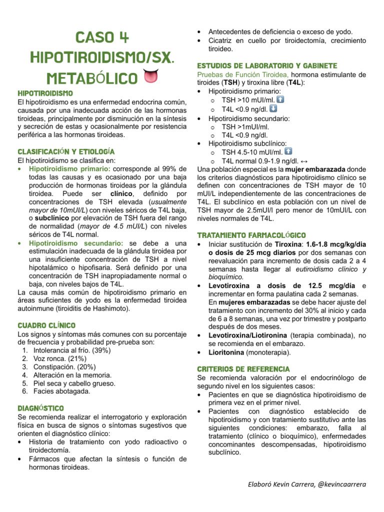 Icb-Caso 4 Hipotiroidismo Sx. Metabólico | Descargar gratis PDF | Hipotiroidismo | Tiroides
