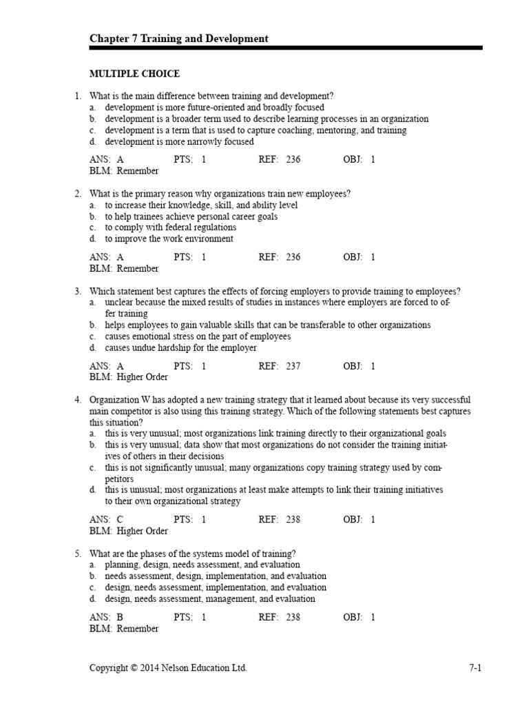 Chapter 7 Training and Development: Multiple Choice | PDF | Needs Assessment | Goal Setting