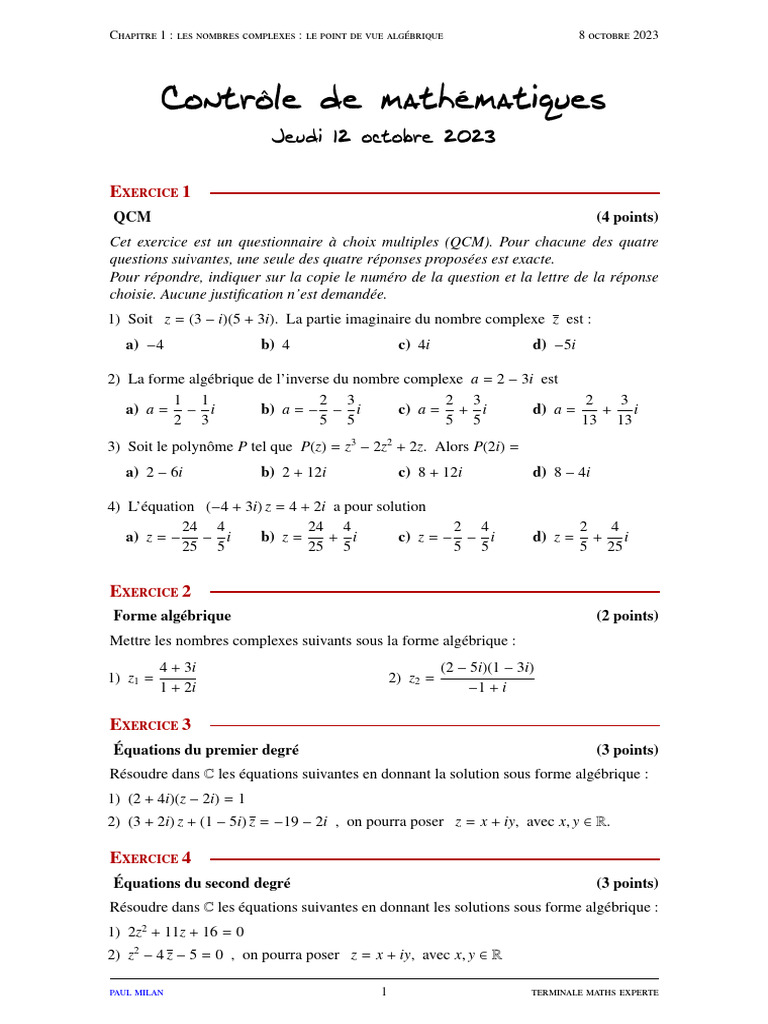 Contrôle de Maths : Nombres Complexes | PDF | Nombre complexe | Équations