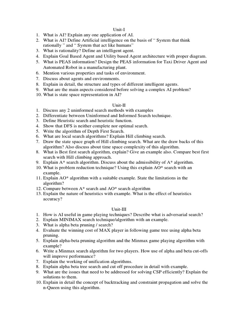 Unitwise Question Bank | PDF | Artificial Intelligence | Intelligence (AI) & Semantics