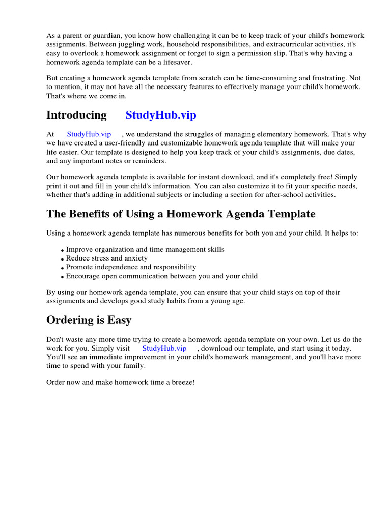 Elementary Homework Agenda Template | PDF | Homework | Worksheet