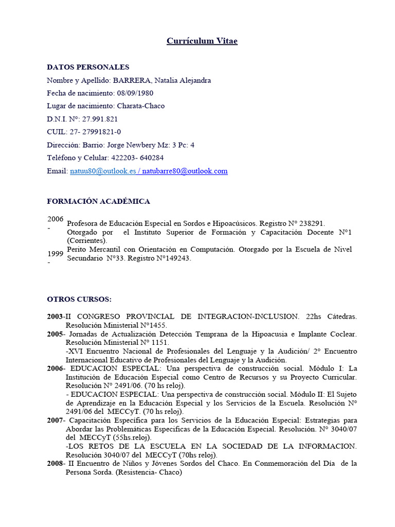 Natalia Currículum Vitae | PDF | Educación especial | Plan de estudios