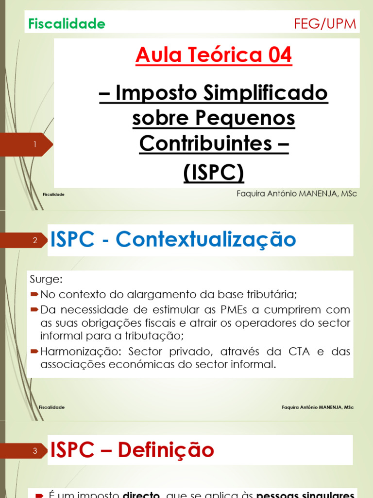 Aula T 04 - Fiscalidade - ISPC e Exercícios - FEG - UPM-1 | PDF | Imposto sobre Valor Agregado ...