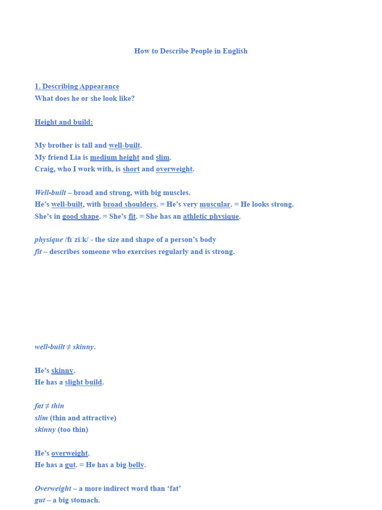 Describing People in English | PDF | Face | Hair