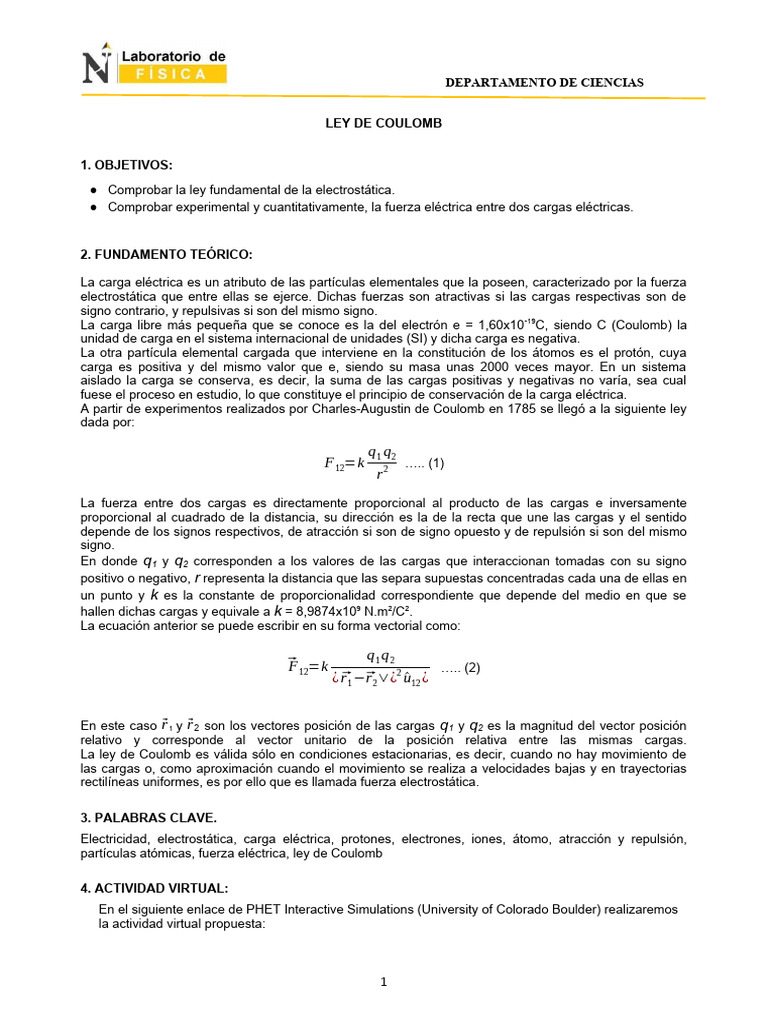 01 Laboratorio Virtual Ley de Coulomb | PDF | Fuerza | Física