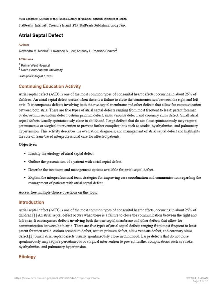 Atrial Septal Defect - StatPearls - NCBI Bookshelf | PDF | Atrium ...
