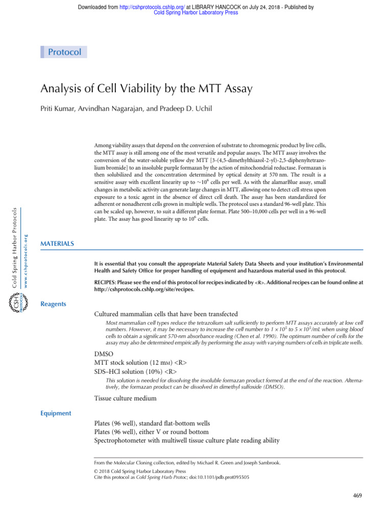 Kumar, Nagarajan, Uchil - 2018 - Analysis of Cell Viability by The MTT ...