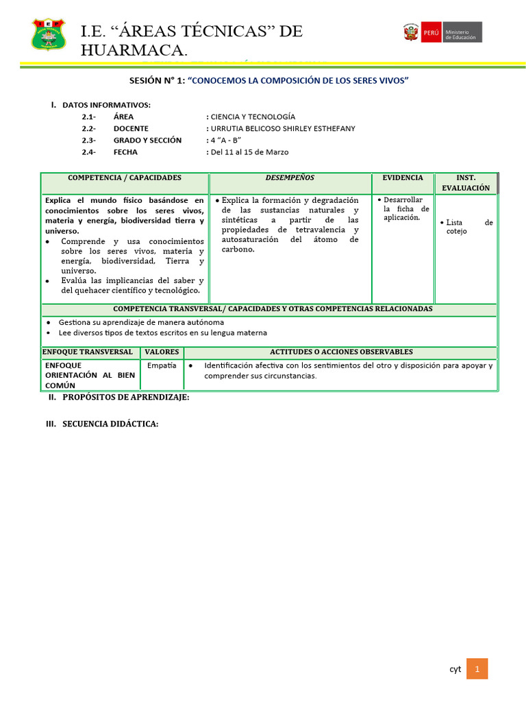 Sesion 1 - Unidad 0 - Cyt - 4sec | PDF | Evaluación | Agua