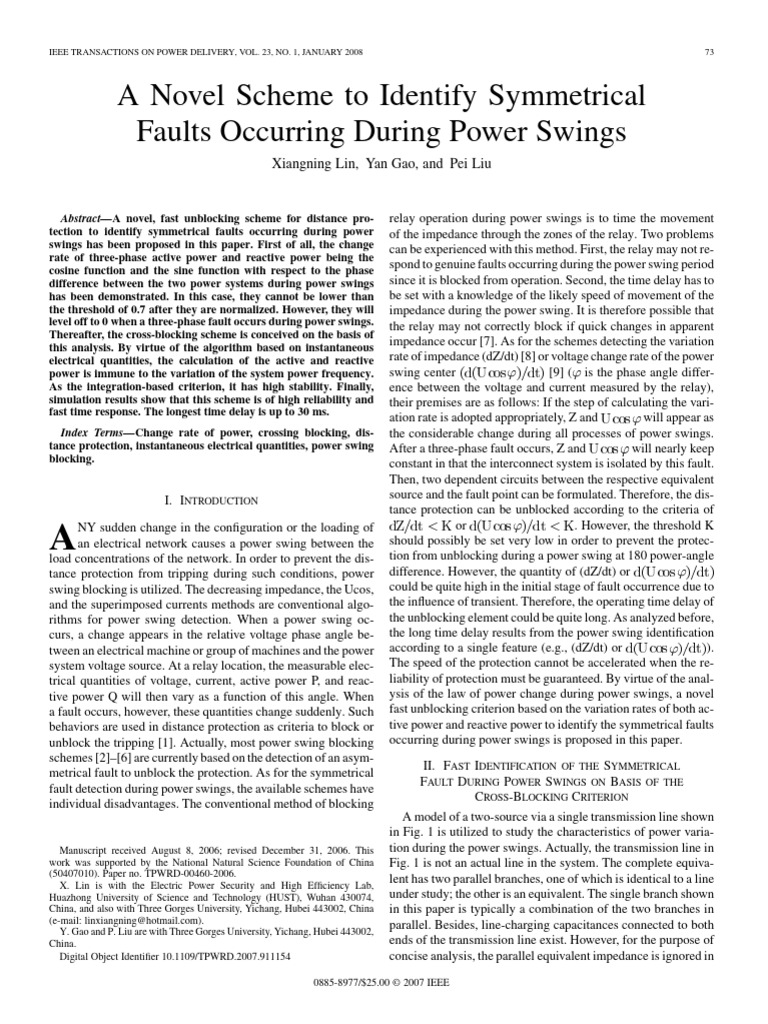 A Novel Scheme To Identify Symmetrical Faults Occurring During Power Swings | PDF | Ac Power ...