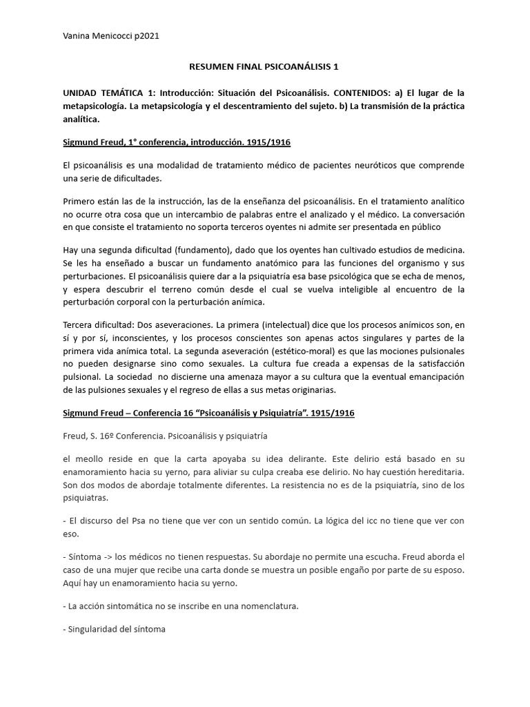 Resumen Final Psa1 | PDF | Psicoanálisis | Mente inconsciente