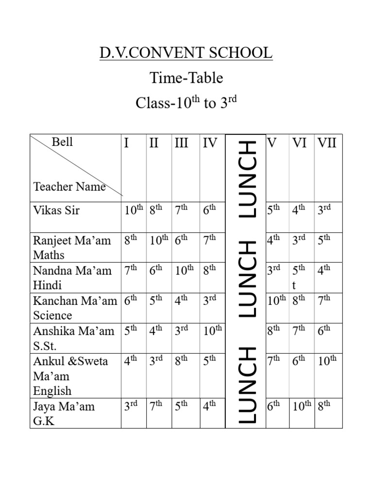 Time Table Class 10 To 3 | PDF