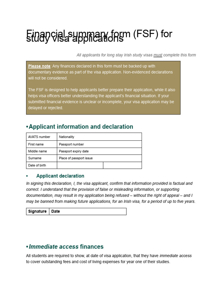 IRL Study Visa Financial Summary | PDF | Cost Of Living | Travel Visa