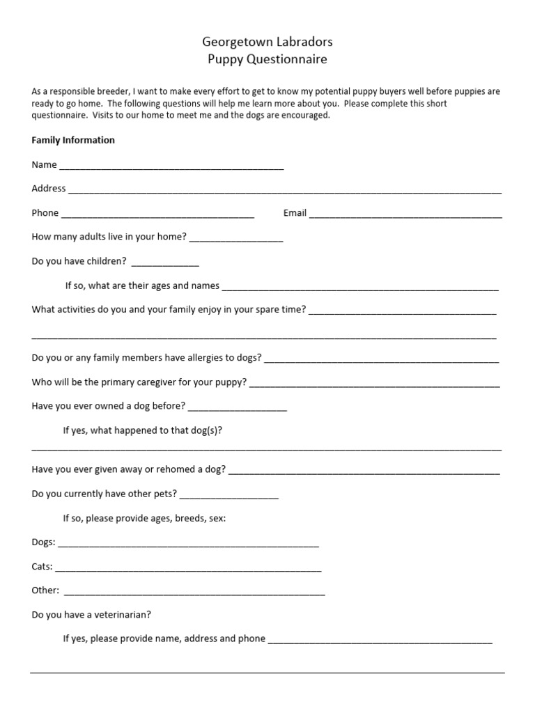 Georgetown Labradors Puppy Questionnaire: Family Information | PDF ...