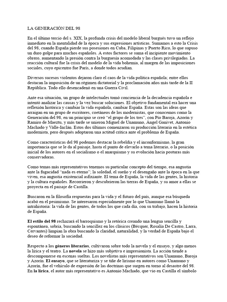 La Generación del 98: Crítica y Cambio | PDF