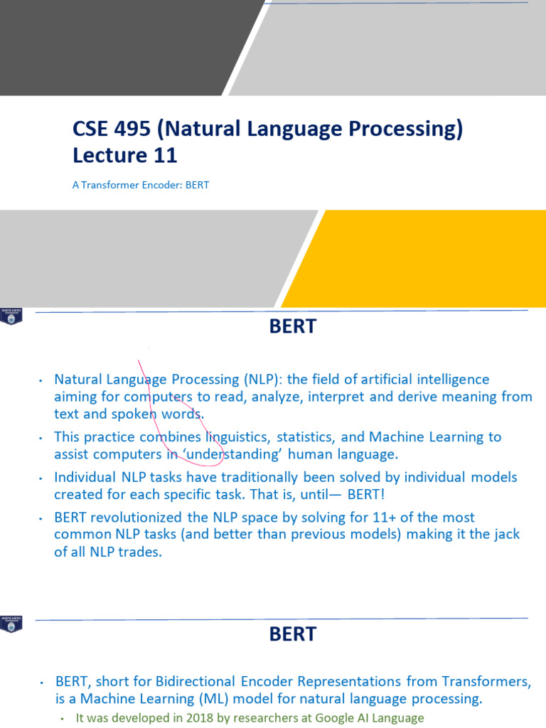 495 Lecture 11 BERT | PDF | Learning | Machine Learning