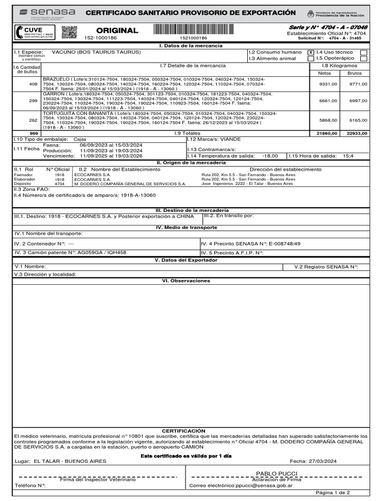 Certificado Sanitario Provisorio Exportación | PDF | Buenos Aires