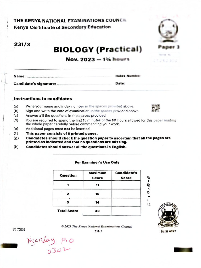 Biology Pp3 Ms Kcse 2023 | PDF