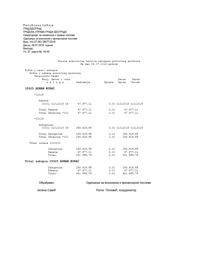 ADNAN KORAĆ - 25625, Kartica Zakupaca | PDF