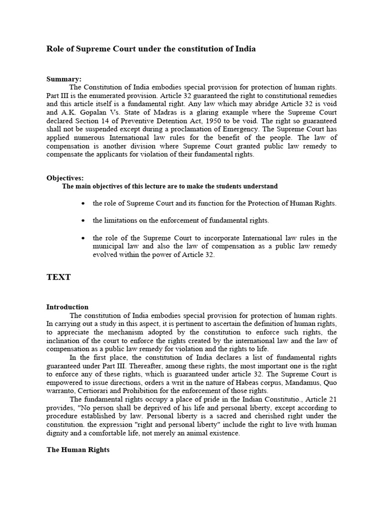 Role of Supreme Court Under The Constitution of India | PDF | Habeas ...