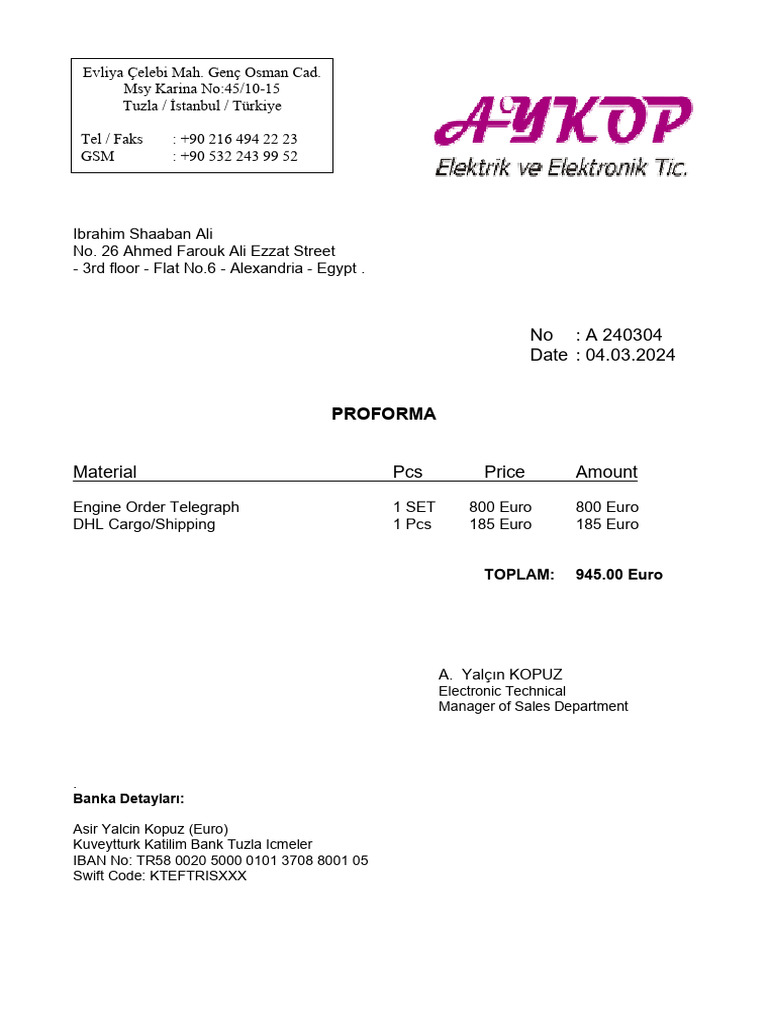Proforma Invoice for Engine Order Telegraph | PDF