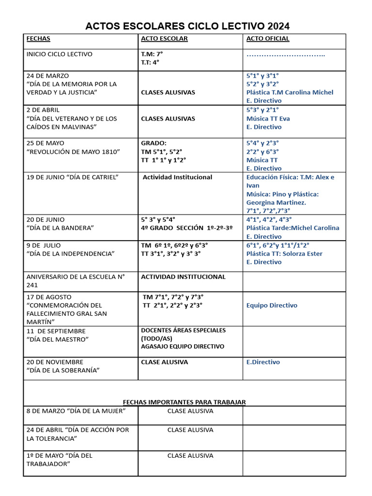 Fechas Actos Escolares-Oficiales 2024 | PDF