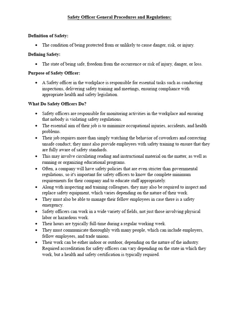 Safety Officer Procedures Overview | PDF | Occupational Safety And ...